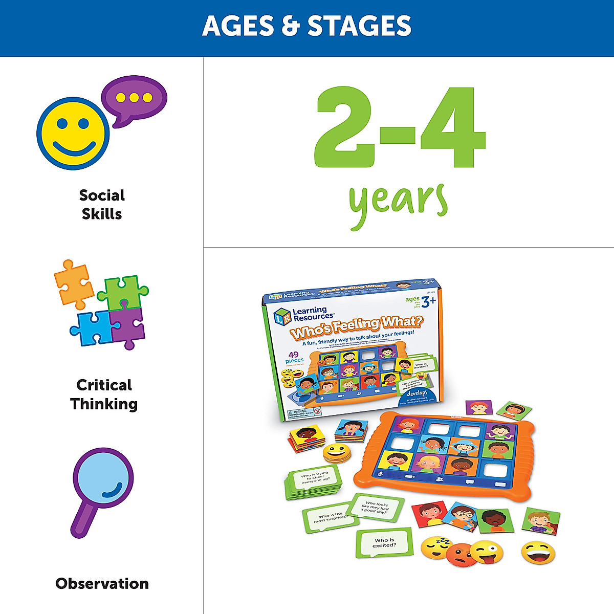 Learning Resources Who's Feeling What?,Social Emotional Learning Games, Communication Games for Kids, Emotion Toys, Feeling Toys for Kids, 49 Pieces, Age 3+