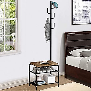 LINZINAR Coat Rack Shoe Bench 3 in 1 Design Hall Tree Storage Bench Industrial Style Coat Tree for Bedroom Living Room Entryway, Black