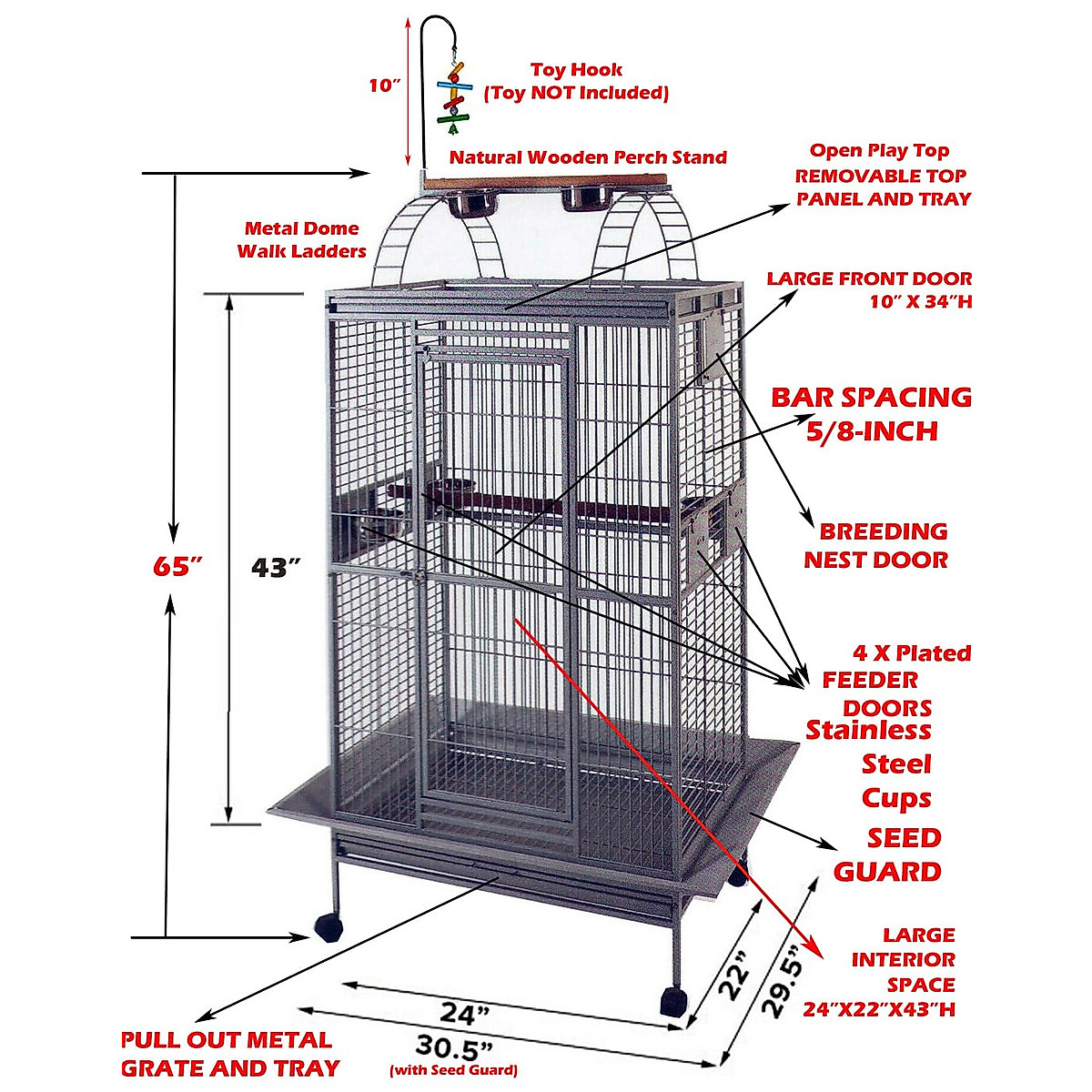 Large Elegant and Durable Play Top Bird Cage Parrot Finch Macaw Cockatoo Bird Wrought Iron Cage (Black Vein)