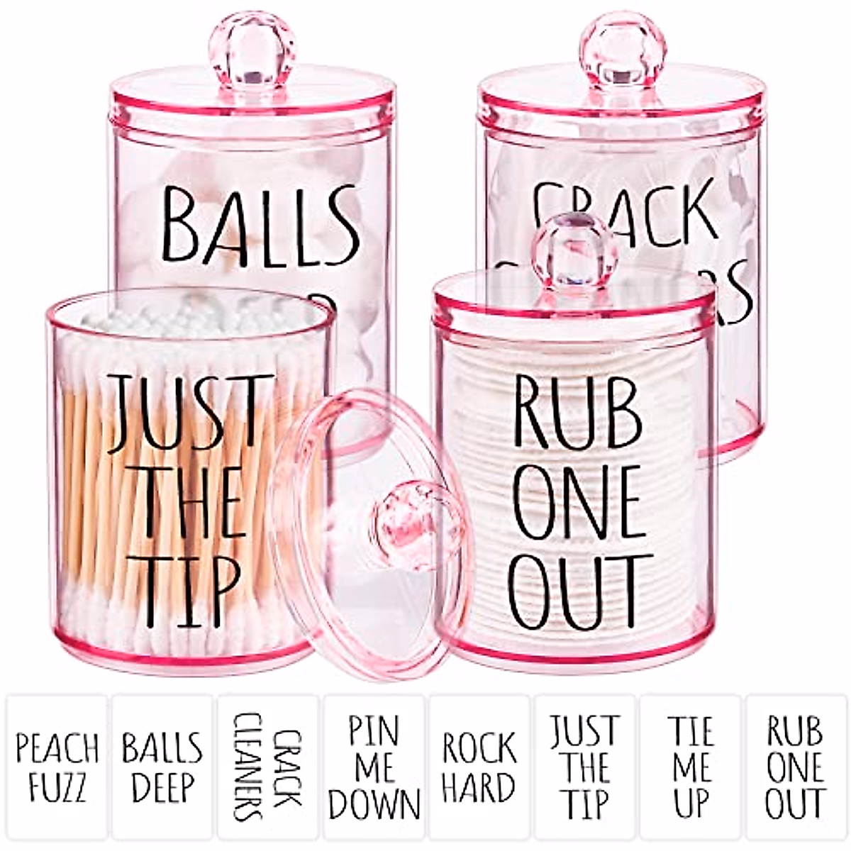 4 Pack Qtip Holder Dispenser with Lids and Labels - 10 oz Apothecary Jars Bathroom Vanity Canister Organizer for Cotton Balls, Pads, Swabs, Floss (Pink)
