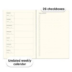 RICCO BELLO Undated Weekly Planner To Do Notebook | Faux Leather Hardcover, for Work, School, Home with Pen Loop, Bookmark, Band Closure, Storage Pocket, 5.7 x 8.4 Inches (Black)