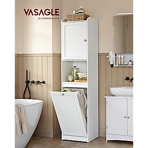 VASAGLE Tall Bathroom Cabinet with Laundry Basket, Removable Laundry Basket with Handles, Compartment with Door, Linen Tower, 15.8 x 15.8 x 66.9 Inches, Cloud White UBBC761W01