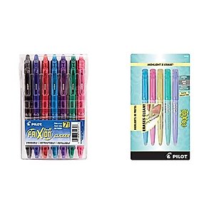 PILOT FriXion Clicker Erasable & Retractable Gel Ink Pens, Assorted Color Inks, 7-Pack Pouch & FriXion Light Pastel Collection Erasable Highlighters, Chisel Tip, Assorted Color Inks, 5-Pack