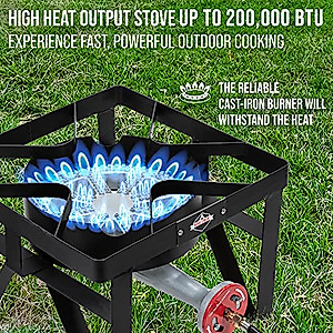 Hike Crew Cast Iron Single-Burner Outdoor Gas Stove | 220,000 BTU Portable Propane-Powered Cooktop | with Blue Flame Air Control Panel, Hose with Adjustable 0-20 PSI Regulator