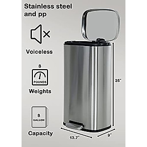 8 Gallon 30L Trash Can with Hinged Lid and Removable Inner Bucket Stainless Steel Kitchen Trash Can Silent Garbage Can Touch-Free Pedal Rubbish Bin Waste Bin for Home Kitchen Waste Bin Silver