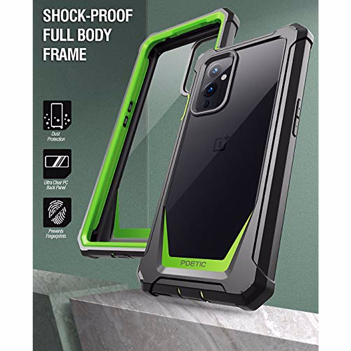 Poetic Guardian Series Case Designed for Oneplus 9 5G, Full-Body Hybrid Shockproof Bumper Cover with Built-in-Screen Protector, Green/Clear