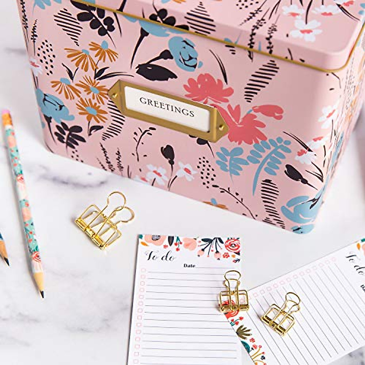 Jot & Mark Greeting Card Organizer Box Set | Decorative Recipe Tin Box, Tab Dividers, Matching Greeting Cards and Envelopes (Meadow)