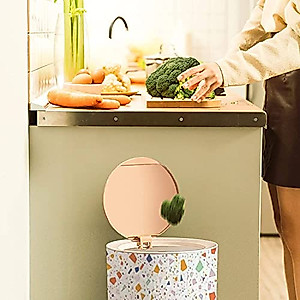 Round Trash Can with Press Lid Terrazzo Seamless Repeat Bright colors on white Thousands of random Small Garbage Can Trash Bin Dog-proof Trash Can Wooden Legs Waste Bin Wastebasket 7L/1.8 Gallon