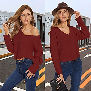 Women's V Neck Waffle Knit Cropped Top Long Sleeve Pullover Crop Sweater Rust Red M