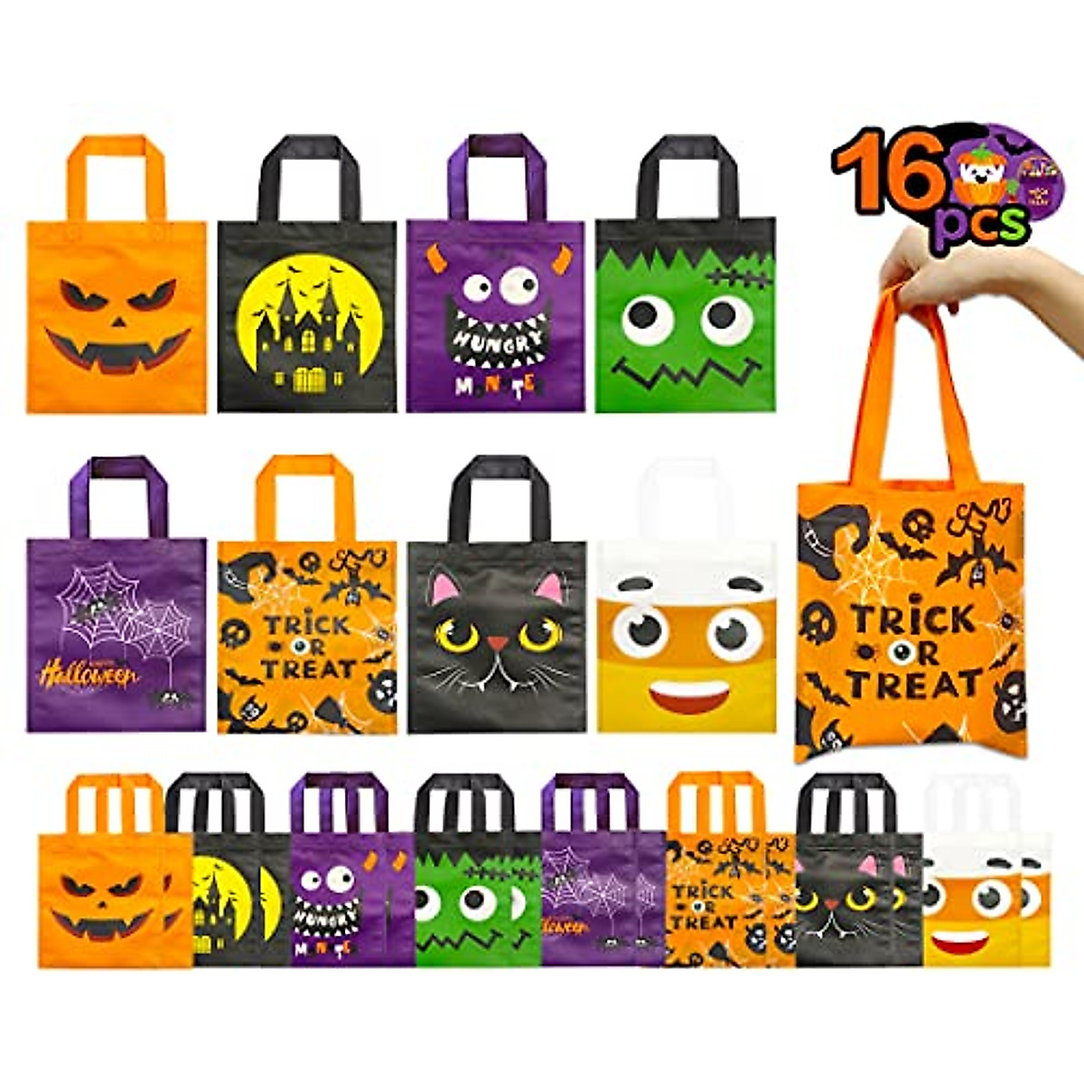 MISS FANTASY Halloween Non-Woven Bags Trick or Treat Tote Gift Bags Bulk 11.8'' x 8.6'' Party Goodie Bag with Handles for Halloween 16 Pack