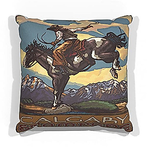 Calgary Stampede Bucking Horse Cowboy Canvas Throw Pillow for Couch or Sofa at Home & Office from Travel Artwork by Artist Paul A. Lanquist 18" x 18".