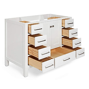 ARIEL 48" White Bathroom Vanity Base Cabinet, Single Sink Configuration, 2 Soft Closing Doors, 9 Full Extension Dovetail Drawers, Brushed Nickel