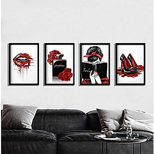 Facioro Fashion Woman Canvas Wall Art, Red Wall Decor for Bedroom Decor, Red and Black Art Posters, Red Lips Red Rose Perfume High Heels and A Fashion Women with Red Hair Ribbons Prints Wall Pictures, Girls Room Decor, Black and Red Fashion Poster