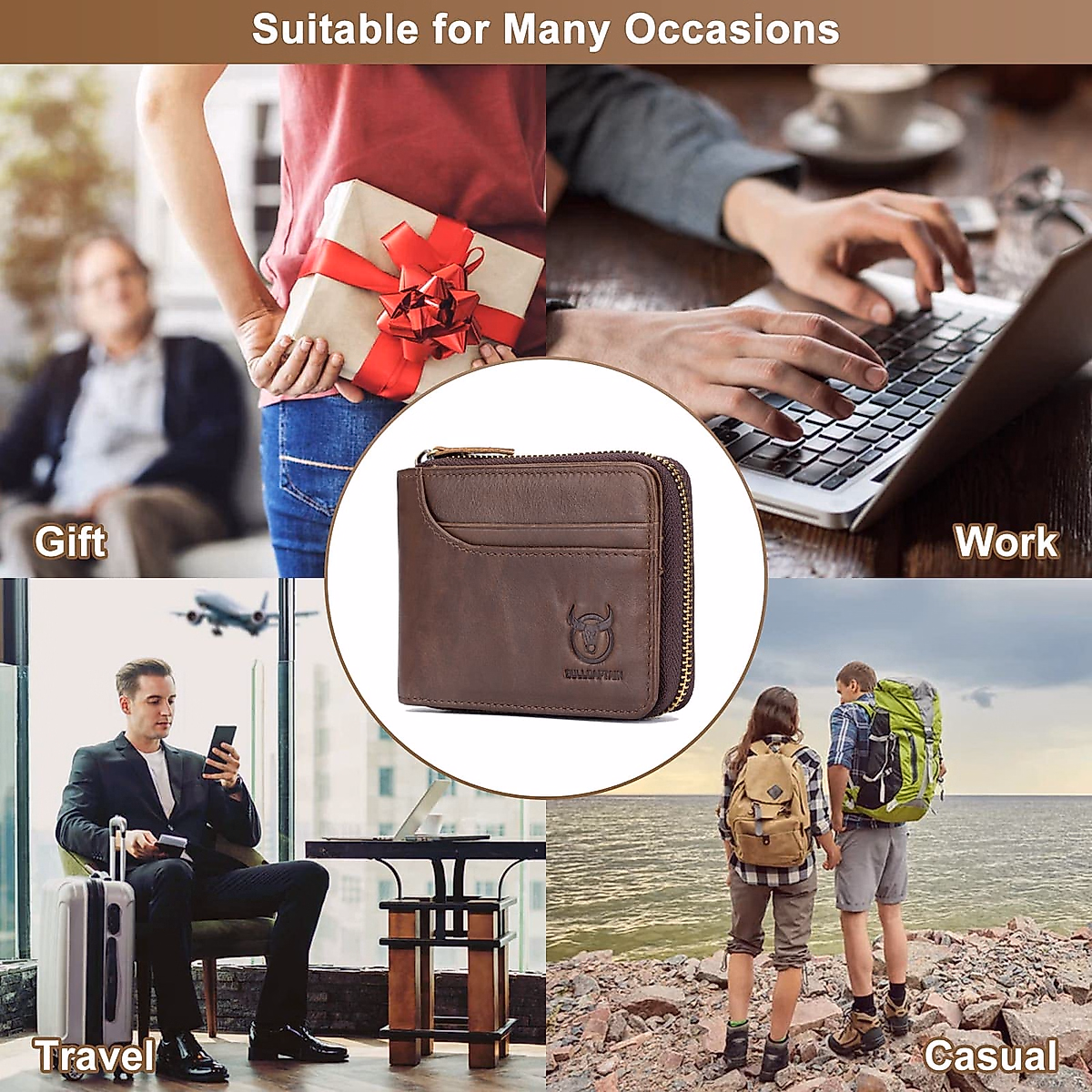 FLO-MOTOR Men’s RFID Blocking Wallets,Genuine Leather Short Zip-around Wallet for Men