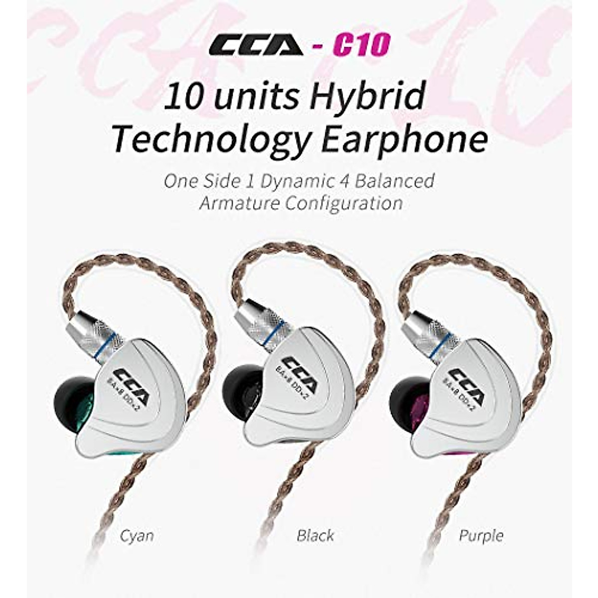 CCA C10 in-Ear Headphone, in-Ear Monitor,HiFi 1DD 4BA Hybrid Five Drivers in-Ear Earphone,Zinc Alloy Shell+Resin Cavity Wired Earbuds with 0.75mm 2Pin Gold Plated Detachable Cable (with Mic, Purple)