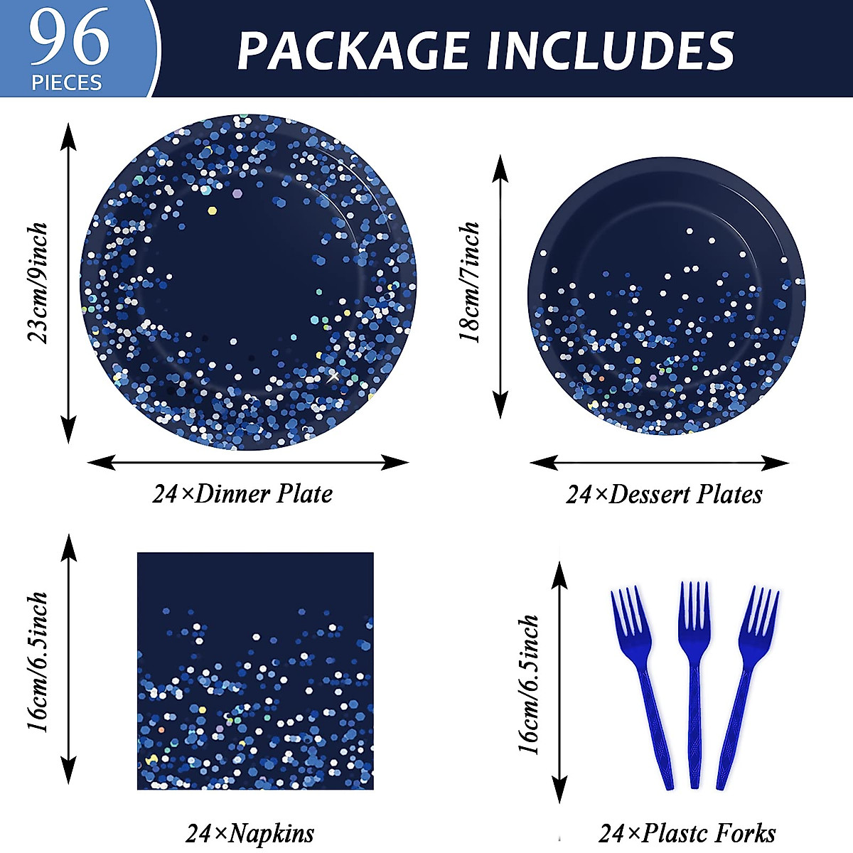 96 Pcs Blue and Silver Party Supplies Dot Confetti Paper Plates Sparkly Glitter Theme Party Decoration Confetti Party Tableware Set Bridal Shower Birthday Party Paper Plate Napkin Fork 24 Guests