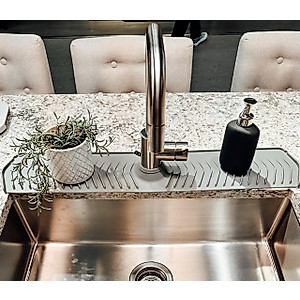 30 inch XXL long sink splash guard, sloped for water runoff, heavy duty adjustable fit splash guard, kitchen sink mat, faucet handle drip catcher, water counter protector, faucet draining mat