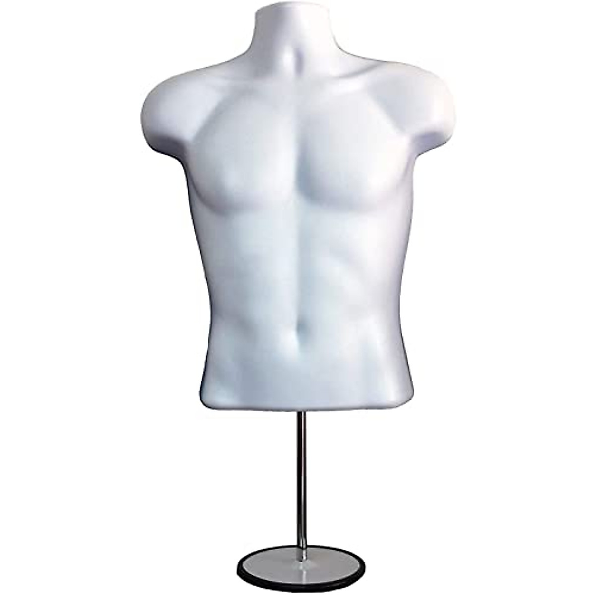 DisplayTown 1 Pack White Male Mannequin Torso with Metal Stand Dress Form Tshirt Display Countertop Hollow Back Body with Metal Pole & Hanging Hook S-M Clothing Sizes