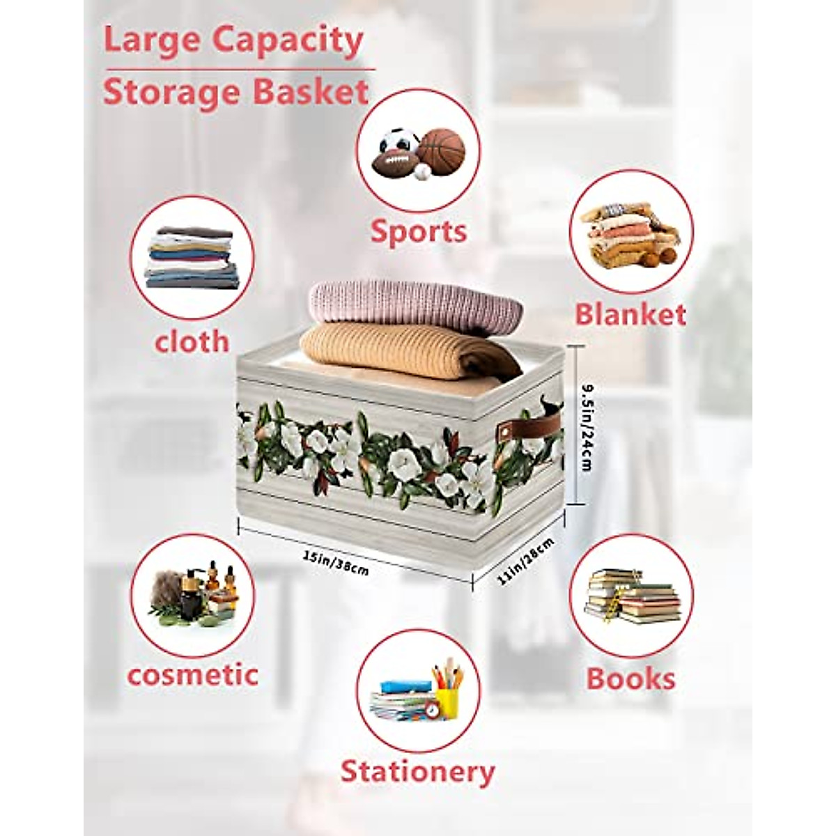 Storage Cubes Organizer with Handles, Magnolia Flowers Plant on Wooden Plank Storage Bins Fabric Collapsible Storage Baskets for Shelf Closet Nursery Cloth Organizers Box 1pcs-15x11x9.5in