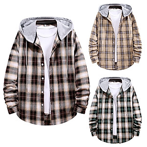 Willisos Hoodies for Men,Men's Plaid Hooded Shirts Casual Long Sleeve Lightweight Shirt Jackets Fashion Button Shirts Outwear