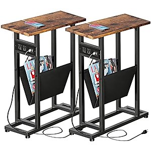 LAKEMID Narrow Side Table Set of 2 with Charging Station, Skinny Side Tables with Storage, Slim End Tables for Small Spaces with USB Ports for Living Room, Bedroom, Rustic Brown