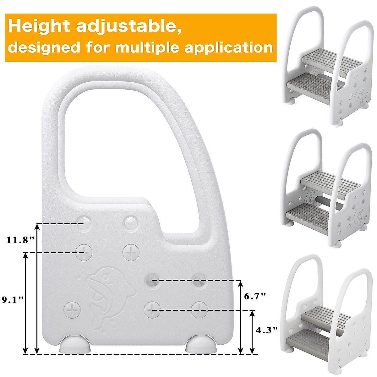 Wiifo Toddler Step Stool for Sink, Height Adjustable Plastic Step Stool for Kids with Handle & Non-Slip Safety,Child Step Stool for Bathroom or Kitchen, Grey