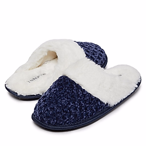 Laura Ashley Women's Slippers, Plush Chenille Memory Foam Scuff Slide Slippers, Non Slip Indoor/Bedroom Shoes, Slip On Slippers for Women -Navy Blue/M