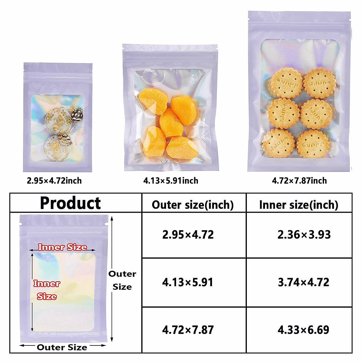 YOTOZU 100-Pack Holographic Resealable Bag Food Storage Aluminium Foil Mylar Smell Bag Plastic Flat Packaging Pouch for Party Favor Food Candy Jewelry Lip Gloss Optional Multi Color(Purple,4.7x7.8)