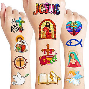 Easter Religious Temporary Tattoos Holy Week Christian Faith Jesus Cross He is Risen Spring Themed Stickers for Kids Party Supplies Decorations Favors and Prizes Gifts for Boys and Girls Ideal School