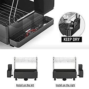 Klvied Dish Rack with Swivel Spout, 2 Tier Drying Rack for Kitchen Counter, Large Dish Drying Rack with Drainboard, Dish Strainers for Kitchen Counter, 304 Stainless Steel Dish Drying Rack, Black