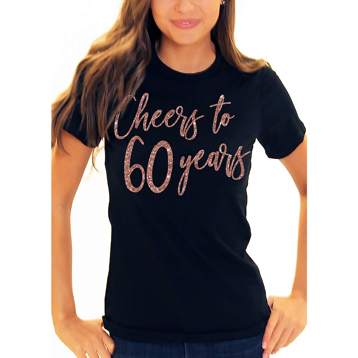 60th Birthday Tee Shirts for Women - Rose Gold Cheers to 60 Years T-Shirt - 60th Birthday Tops - Large - Black Tee(Cheers60 RG) Blk/Lrg