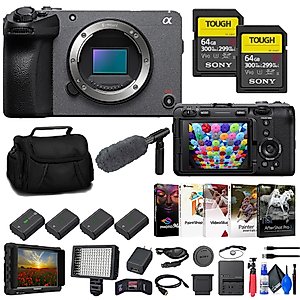 Sony FX30 Digital Cinema Camera (ILME-FX30B) + 4K Monitor + 2 x 64GB SF-G Tough Card + Pro Mic + Bag + 3 x NP-FZ100 Compatible Battery + LED Light + Charger + Corel Photo Software + More (Renewed)