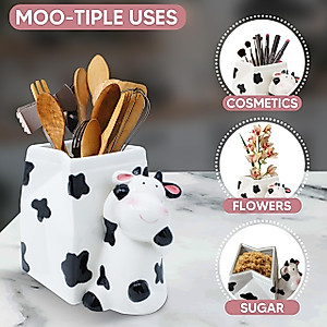 Cow Utensil Holder | Kitchen Crock Storage Gift | Kitchen Decor | Cow Print Theme La Vaca | Farmhouse Hoedown Decoration Holiday | Cute Cow Countertop Vase by Sixdrop