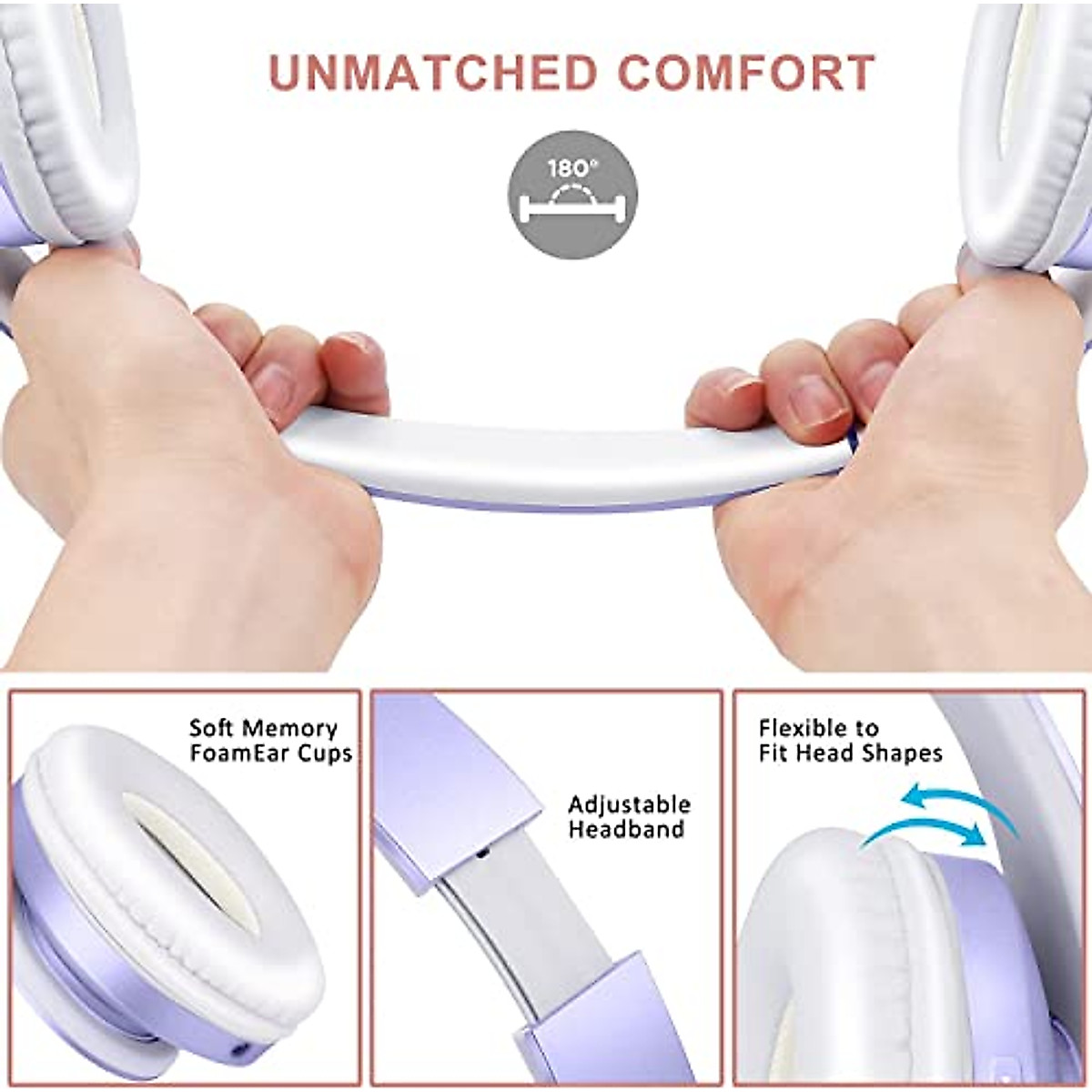 ZIHNIC Bluetooth Headphones Over-Ear, Foldable Wireless and Wired Stereo Headset Micro SD/TF, FM for Cell Phone,PC,Soft Earmuffs &Light Weight for Prolonged Wearing (Purple)