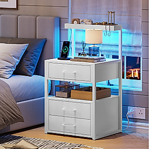 AOGLLATI Nightstand Set of 2 with Charging Station and LED Lights, Bedside Table with 3 Drawers and Open Storage Shelves, 2 USB Ports and 2 AC Outlets, LED Night Stand for Bedroom, 2 Pack, White
