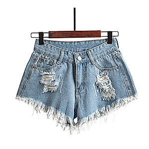 Fashion Slim Shorts,THENLIAN Womens Pocket Hole Jeans Denim Pants Female High Waist Slim Sexy Shorts(XXL, Blue)