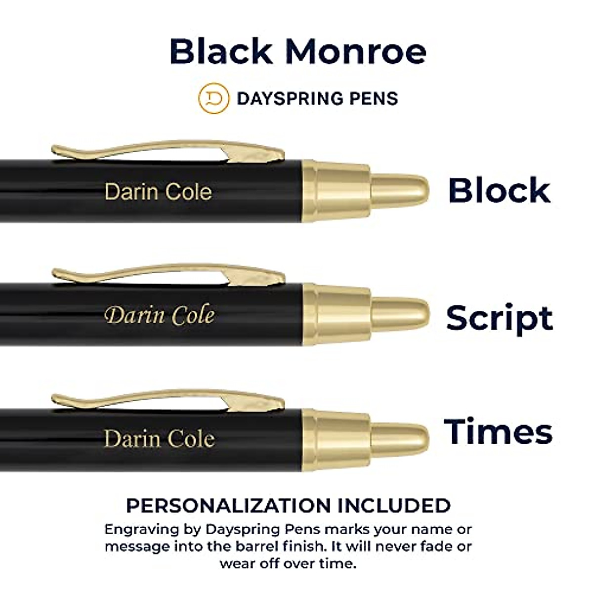 Dayspring Pens | Personalized Monroe Black Ballpoint Gift Pen and Premium Gift Case - Custom Engraved Fast with Your Name | Shipped in One Business Day