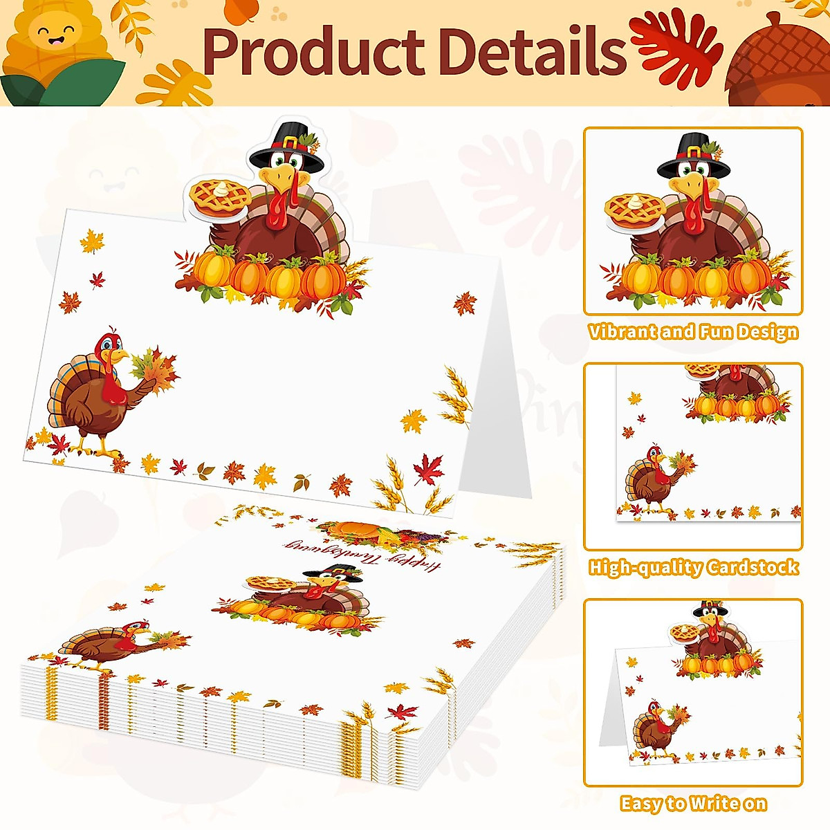 25 PCS Thanksgiving Table Place Cards, 3.5 x 2 Inch Turkey Themed Tent Place Cards for Table Setting, Festive Thanksgiving Day Name Cards, Autumn Fall Harvest Design for Holiday Dinner Party Supplies