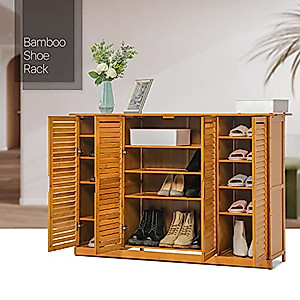 MoNiBloom Shoe Storage Cabinet with 2 Double Shutter Doors, Bamboo Floor Organizer Shelf Stand for 31-35 Pairs Entryway Hallway Bedroom, Brown