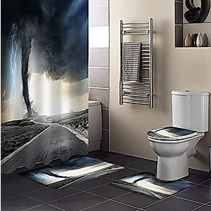 4 Pcs Shower Curtain Sets Tornado and Lightning Waterproof Fabic Bathroom Set with Non-Slip Rugs Toilet Lid Cover Bath Mat, Rolling On The Road Shower Curtain with Hooks -36x72 inch, Large