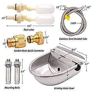 ZHEQOGZH Automatic Dog Water Dispenser Water Trough for Livestock Pig Chicken Waterer Stainless Steel Automatic Waterer Bowl with Float Valve Drain Plug Braided Hose Garden Hose Quick Connect Fittings