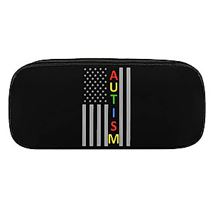 Autism Awareness Puzzle USA Flag Pencil Case PU Leather Pencil Pen Bag Large Capacity Pen Box Pencil Pouch Makeup Bag with Zip