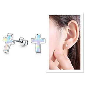Opal Cross Stud Earrings, 925 Stertling Silver Hypoallergenic Anchor Stud Earrngs and Tiny Opal Cross Studs Jewelry Gifts for Women (Opal Earrings) (Cross)