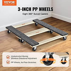 VEVOR Hardwood Furniture Moving Dolly, 30 in. x 18 in. 4 x 3 PP Swivel Casters, Heavy Duty Wooden Mover Dollies, Moving Cart with Wheels for Heavy Furniture, 1000 lbs. Capacity, Two Pack