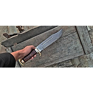 Hadi Enterprises-15" Handmade Damascus Hunting Knife with Leather Sheath - Ideal for Skinning, Camping, Outdoor -Fixed Blade Bushcraft Knife with Leather Handle-(LK-001)