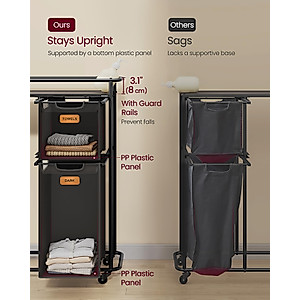 VASAGLE Laundry Sorter, Laundry Basket with Wheels, 39.6 Gal. (150 L) Rolling Laundry Hamper, Portable Laundry Cart with Shelf, 4 Removable Liners and 6 Labels, Ink Black and Chestnut Brown URLS100B01