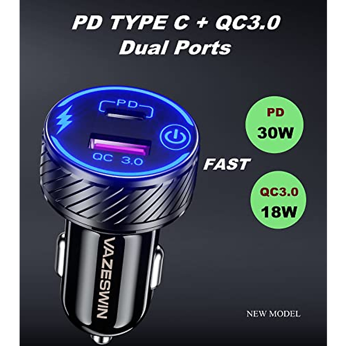 USB C Car Charger, VAZESWIN QC3.0 & PD Type C Dual USB Port Fast Car Charger Adapter, 30W 5A Fast Charge Car Phone Charger with Blue LED & Touch Switch