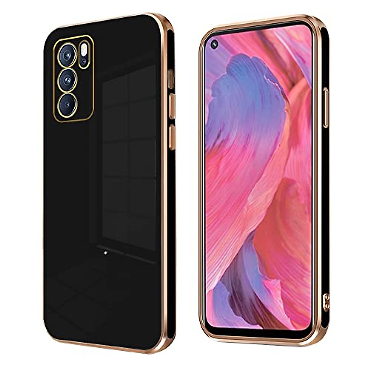 Tiwinxing Compatible with Oppo Reno 6 Pro Case for Women Men, Ultra Thin Oppo Reno 6 Pro Phone Case Silicone Cute Shockproof Plating Electroplate Soft Cases Cover (Black)