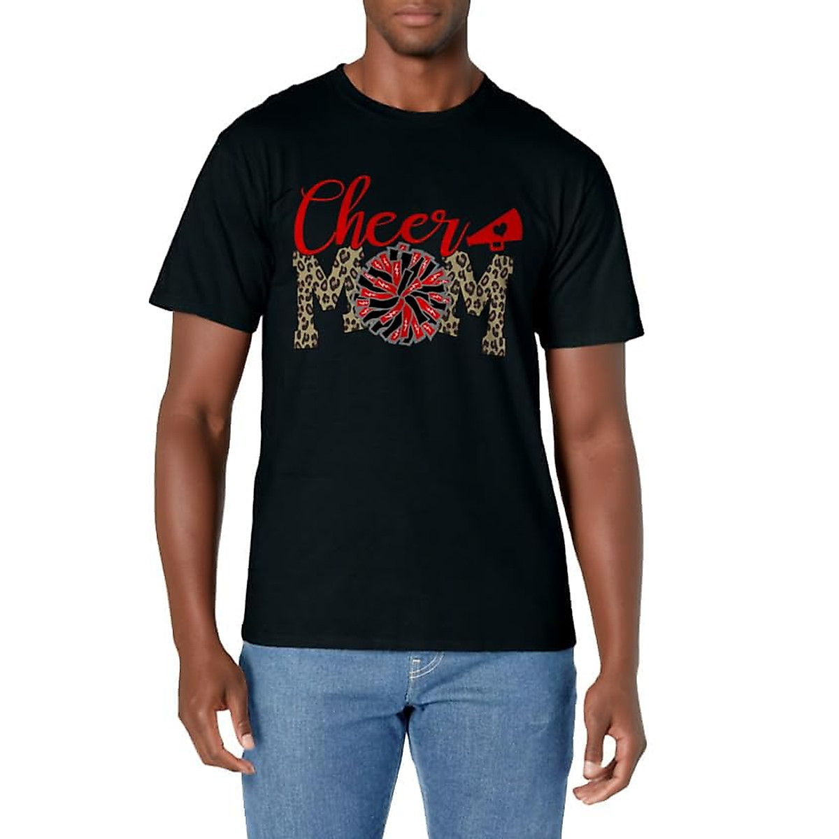 Cheer Mom Biggest Fan Leopard Print Black And Red Pom Pom T-Shirt