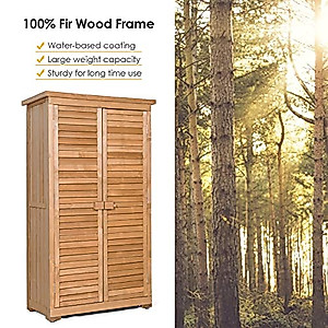 Safstar Outdoor Storage Shed, Wooden Tool Storage Shed w/ Detachable Shelves & Pitch Roof & Shutter Vents, Garden Storage Cabinet for Backyard Patio Deck Porch, 34.5”L x 18.5”W x 63”H, Natural